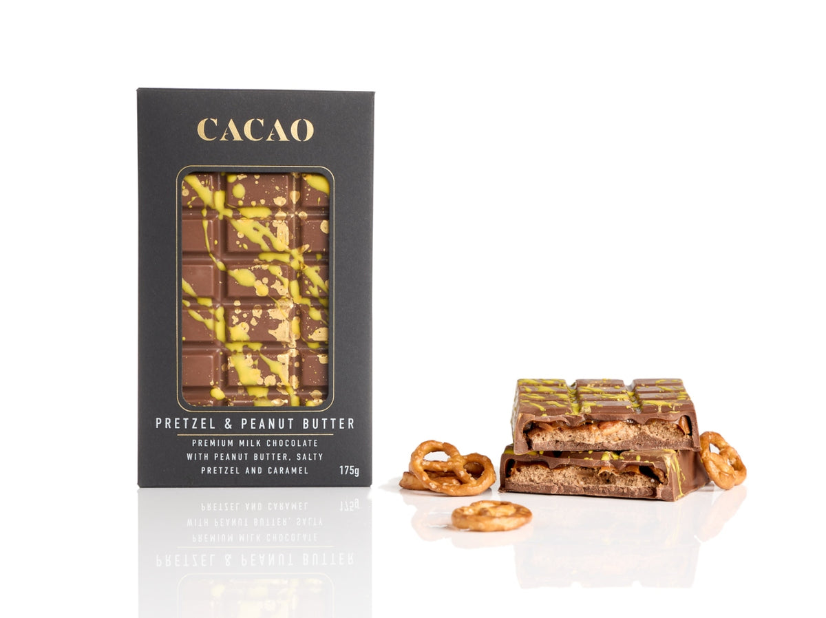 Pretzel & Peanut Butter Soft-Centred Milk Chocolate Bar | CACAO ...